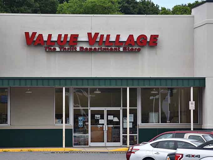 Bold red letters promise value in a space where thrifty shoppers become treasure-hunting champions.