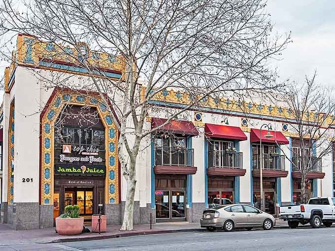 Ornate tile work frames this downtown entrance like something straight out of a Spanish colonial dream.