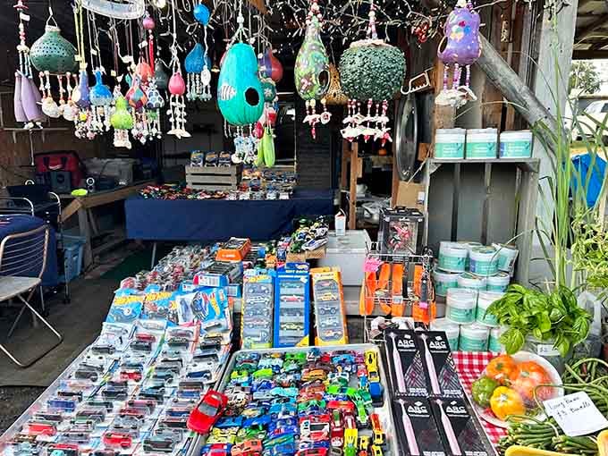 Handcrafted wind chimes dangle like musical jewelry while toy cars line up ready for their next adventure.