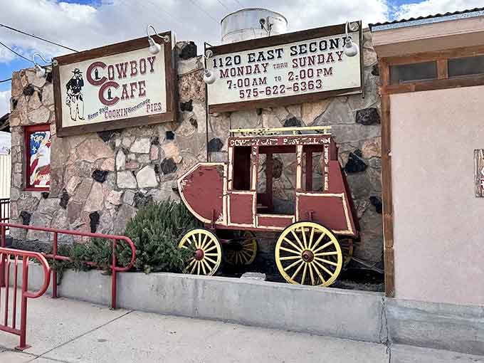 The Cowboy Cafe's stagecoach display sets the Western mood before you even step inside. Giddy-up to good eatin'!