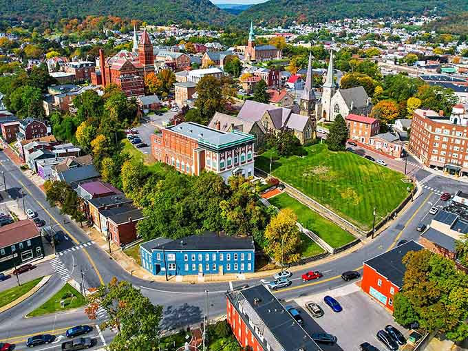 From above, church steeples and historic buildings create a skyline that rivals any postcard from small-town America.