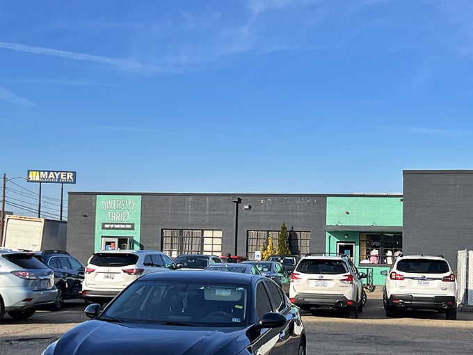 That packed parking lot and mint-green accent tell you savvy shoppers have already discovered this modern treasure trove.