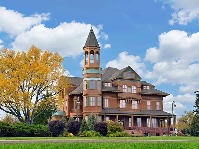 Fairlawn Mansion's brick turret and autumn colors create a scene straight from a Victorian novel. Downton Abbey, Wisconsin-style!