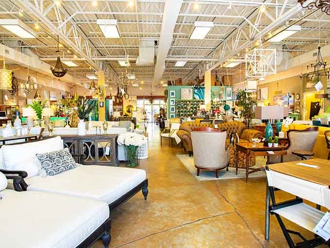Faith Farm's elegant furniture showroom could pass for an upscale retailer. Those chandeliers add unexpected luxury to thrift shopping!
