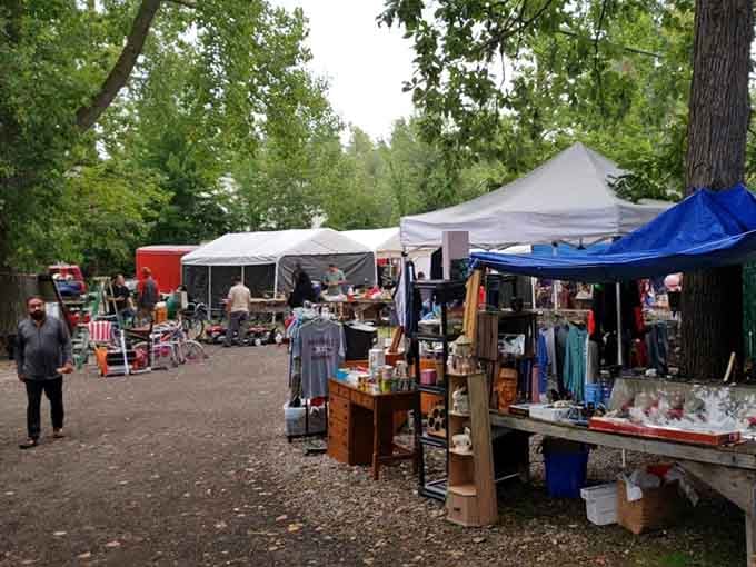 Shaded by towering trees, this woodland market feels like stumbling upon a secret antique bazaar.