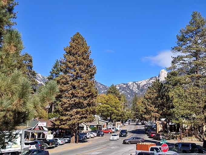 Snow-dusted peaks tower behind this mountain village where A-frame cabins nestle among towering pines like a Swiss postcard.