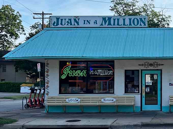 Juan in a Million's turquoise facade houses breakfast tacos so legendary, they've earned their own neon sign.