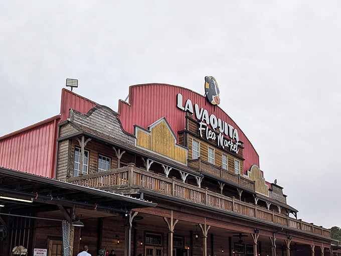 That Old West facade with wooden balconies makes shopping feel like an adventure straight out of Bonanza reruns.