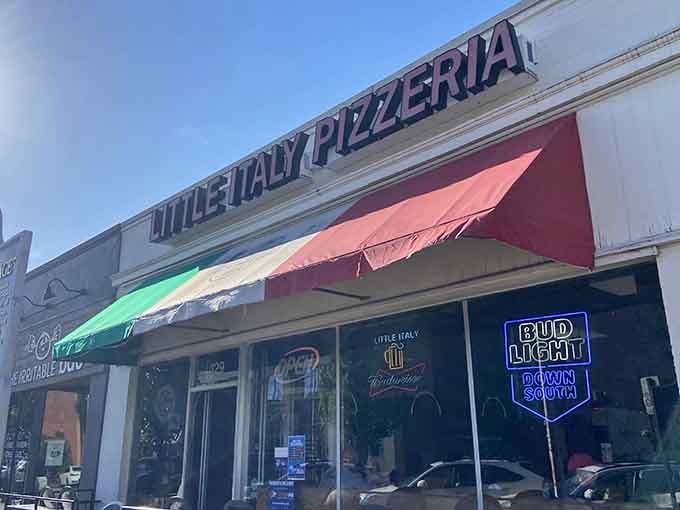 Little Italy's storefront proudly waves the Italian flag colors. Auburn students know where to find a proper New York slice!