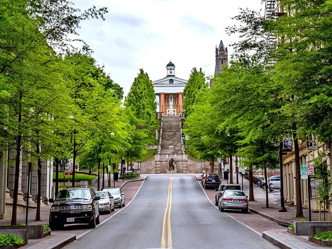 Tree-lined Monument Terrace leads your eye upward to historic buildings that have witnessed centuries of Virginia history unfold.