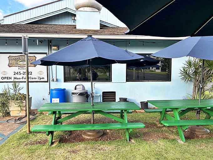 Those green picnic tables might not look like much, but they've hosted countless happy lunches for Kauai locals in the know.