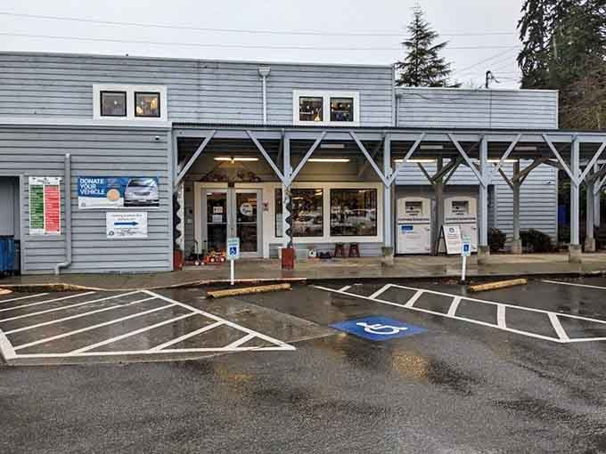 Charming covered entrance with rustic beams creates a welcoming gateway to endless rows of secondhand surprises within.