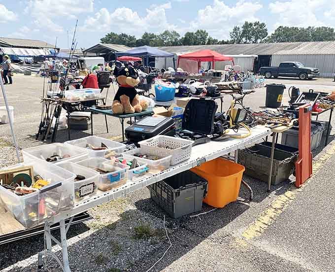 Sunshine illuminates tables packed with everything from fishing gear to household treasures waiting for their next adventure.