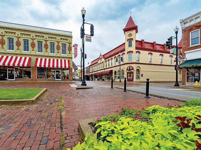 That distinctive tower rises above brick streets where parking's easy and window shopping feels like an event.
