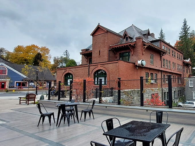 Brick buildings and outdoor seating invite you to slow down and savor the revitalized downtown atmosphere.