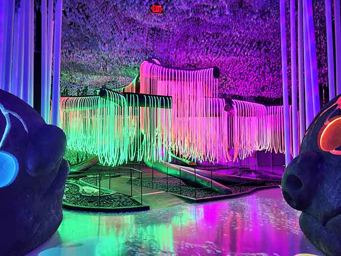 Glowing neon shapes drip like melted crayons in this immersive art space where touching everything is absolutely required.