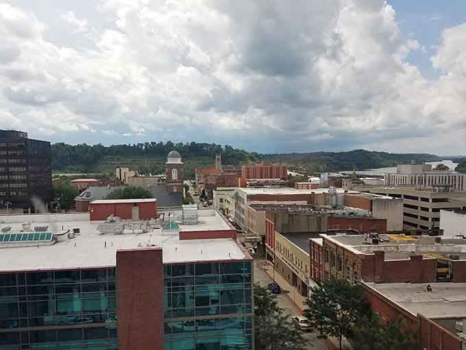 Aerial view of Parkersburg showcasing its riverside location and mix of historic architecture&mdash;proof that scenic living doesn't require big-city prices.