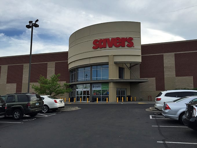 The curved architectural entrance and spacious parking lot welcome bargain hunters to this impressive two-story thrifting destination.