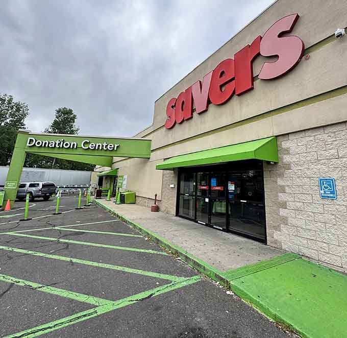 That bright green donation awning practically glows with possibility, welcoming your gently-used items to their next adventure.