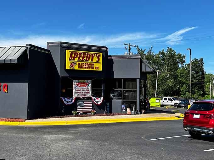 Bold yellow signs and patriotic flair - Speedy's wears its heart on its sleeve with pride.