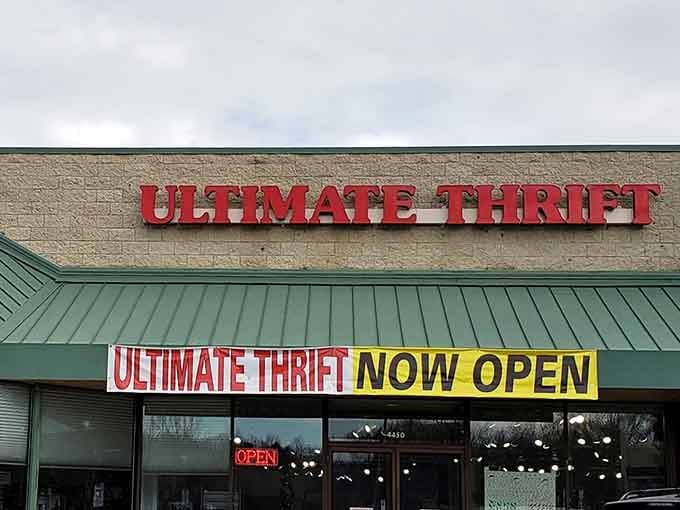 Bold red letters announce your arrival at bargain paradise, where that cheerful yellow banner practically shouts "come on in!"