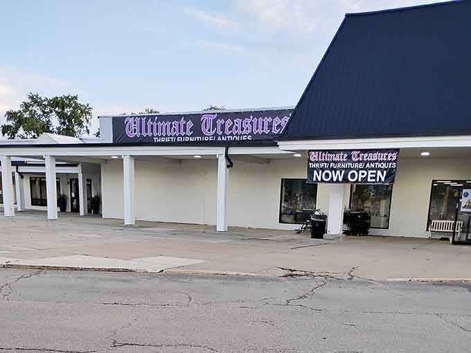 The classic white columns frame an entrance promising vintage finds and antique surprises beyond those welcoming doors.