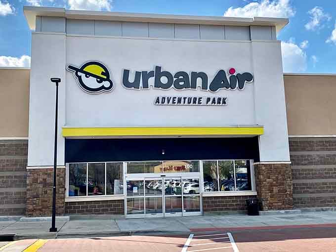 Urban Air's sleek entrance beckons adventurers with promises of trampolines and challenges that'll tire out even the most energetic kids.