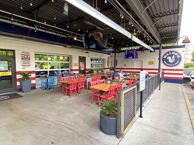 Open-air dining with patriotic flair – where the chicken is as colorful in flavor as those chairs are in appearance.