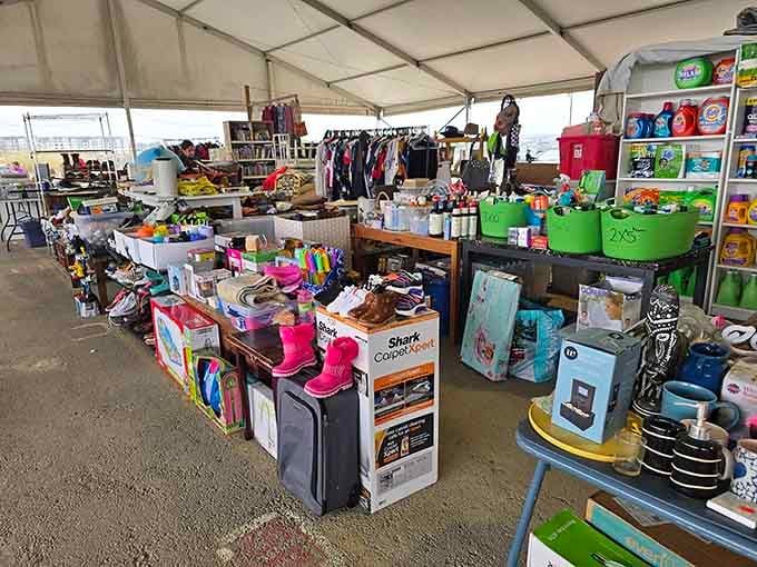 This tent overflows with household goods and colorful finds stacked high like a game of retail Jenga.