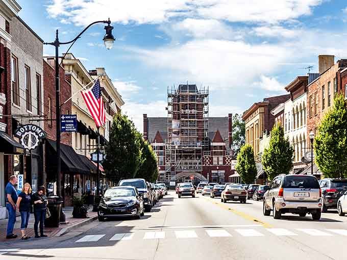 Bardstown's main street frames the historic courthouse perfectly, where scaffolding hints at careful preservation of architectural treasures.
