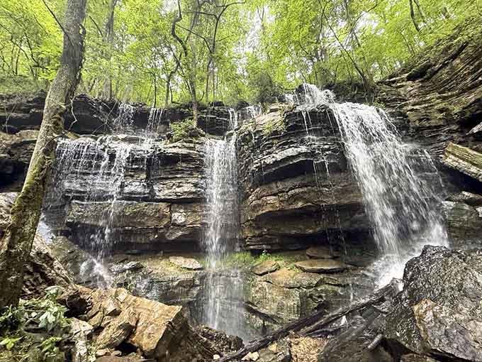 Bright spring foliage surrounds this tiered beauty, where water tumbles gracefully through nature's own amphitheater.