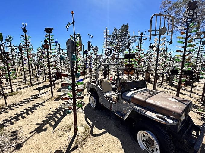 Hundreds of colorful glass bottles create a magical desert forest where old trucks rest among sparkling metal trees.