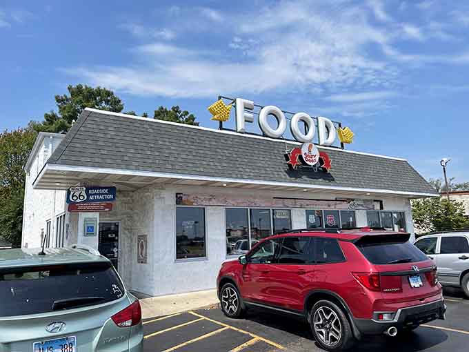 When the parking lot's this full under blue skies, you know the corn dogs inside are worth the stop.