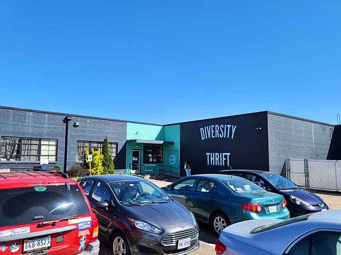 The sleek gray-and-turquoise design makes this spot look more like a trendy boutique than your grandmother's thrift shop.