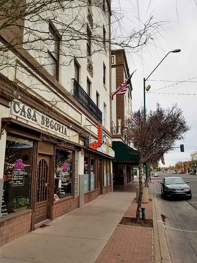 Historic downtown streets where vintage storefronts and the American flag wave hello to curious visitors exploring on foot.