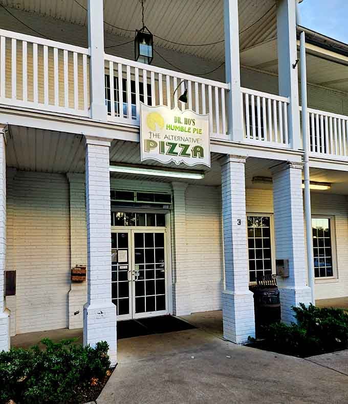 The wrap-around porch at Dr. Ho's invites you to sit a spell before diving into their "alternative" pizza creations.