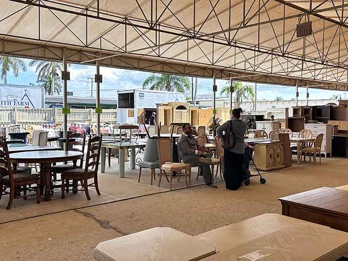 Faith Farm's covered outdoor furniture section offers plenty of browsing space. Perfect for finding that patio set at a fraction of retail!
