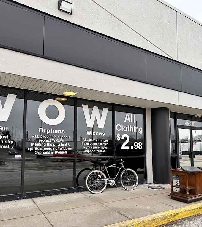 That vintage bicycle parked outside hints at the unexpected treasures waiting inside this charitable thrift destination.