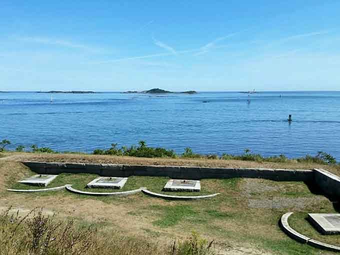 Old military bunkers stand quietly among the grass, where history and nature coexist in peaceful harmony.