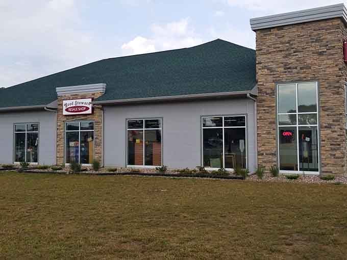 The green roof and stone facade give this resale shop a surprisingly upscale appearance for bargain prices.