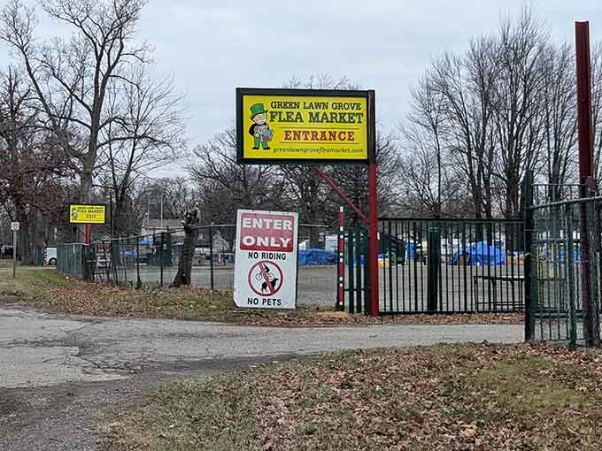 That bright yellow sign promises adventure beyond the gates, like finding Willy Wonka's ticket to treasure.