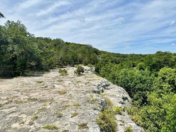Smooth limestone stretches toward the forest canopy, creating a natural balcony overlooking miles of untouched wilderness.