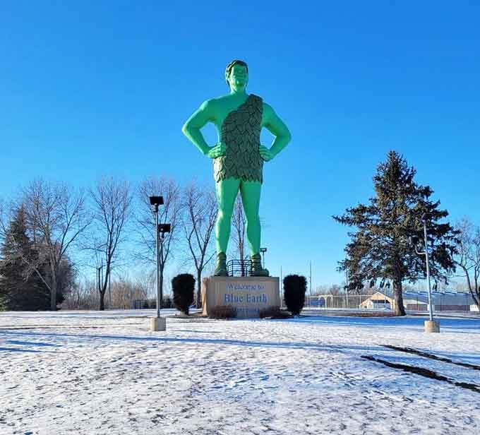 Winter or summer, this 55-foot green guardian reminds us all to eat our vegetables with his imposing yet friendly presence.