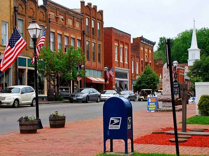 Jonesborough's charming main street with its brick buildings and American flags invites visitors to stroll without rushing.