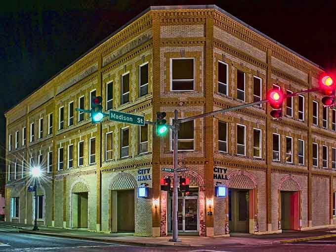 When the sun sets, historic brick glows golden under streetlights, transforming downtown into something almost magical.