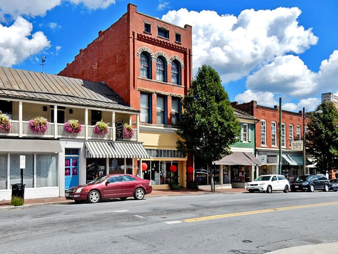 Colorful storefronts and hanging flower baskets bring vibrant life to these beautifully preserved downtown streets and sidewalks.
