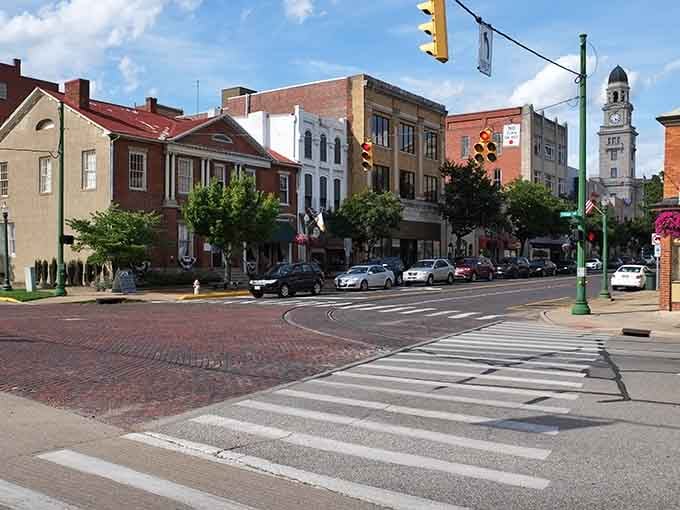 That clock tower rises above the brick streets, marking time in a town where history meets modern college life.