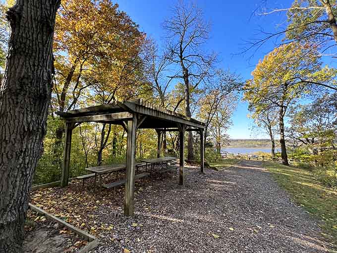 Golden autumn leaves frame this riverside picnic shelter where lunch comes with a view worth a thousand words.