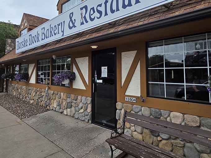 The rustic stonework and timber accents hint at the Scandinavian treasures waiting inside this beloved bakery.