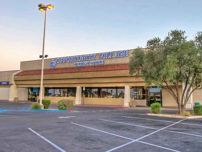 As the desert sun sets, Opportunity Village Thrift Store glows with promise for tomorrow's bargain hunters.